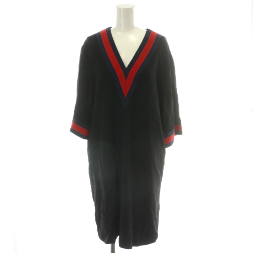 【中古】グッチ GUCCI ワンピース ロング 半袖 Ｖネック シェリーライン イタリア製 42 L 黒 ブラック 赤