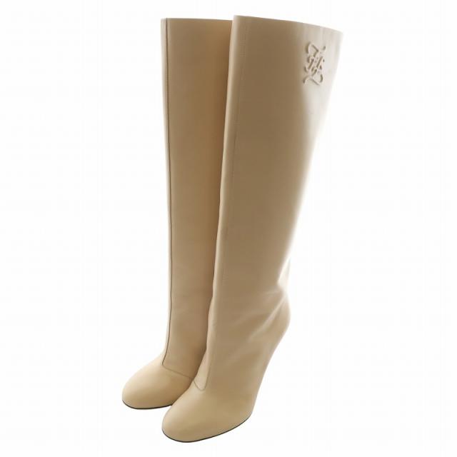 【中古】フェンディ FENDI FF カーリグラフィ ロング ブーツ レザー ラウンドトゥ ハイヒール 36D 23cm ベージュ