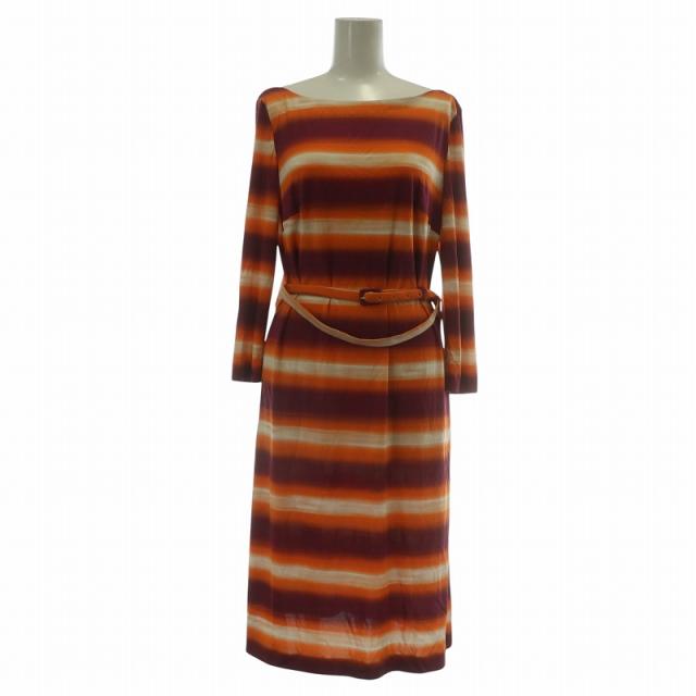 【中古】PRADA ワンピース ドレス 絹 シルク 七分袖 ロング ボーダー グラデーション ベルト 40 M オレンジ 紫