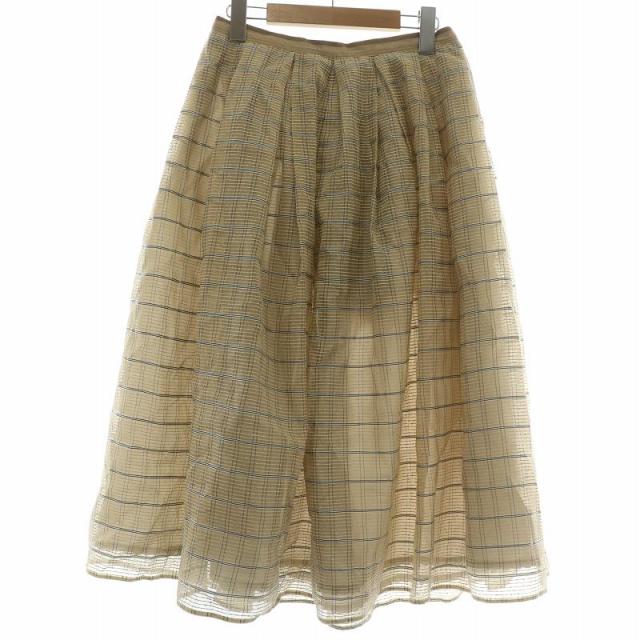 【中古】FOXEY 24年製 Jeanne フレアスカート 絹 シルク ひざ丈 レース チェック柄 ジップフライ 40 M ベージュ 43451
