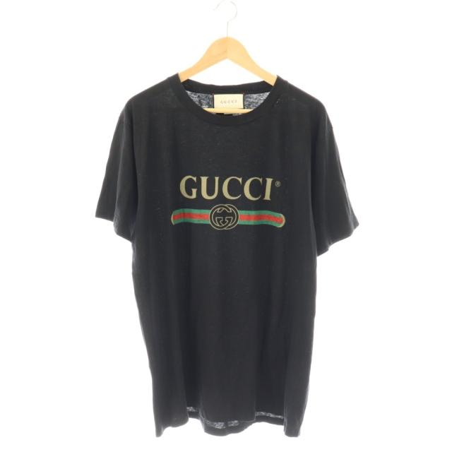 【中古】グッチ GUCCI Tシャツ カットソー 半袖 シェリーライン ヴィンテージロゴ プリント オーバーサイズ 刺繍 黒