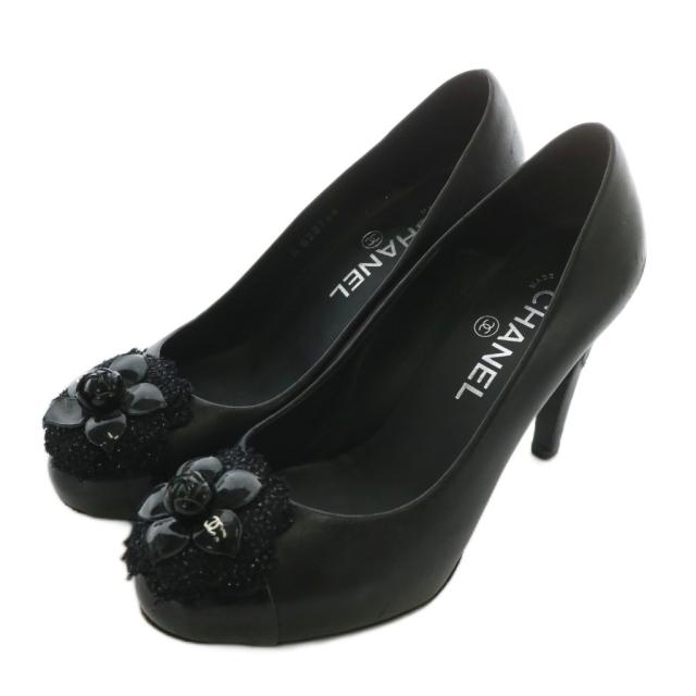 【中古】CHANEL パンプス レザー エナメル ラウンドトゥ ハイヒール カメリア ココマーク 36.5 23.5cm 黒 G28744