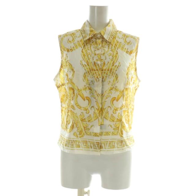 【中古】未使用品 VERSACE JEANS SIGNATURE シャツ ブラウス ノースリーブ 比翼ボタン 総柄 M 黄色 白