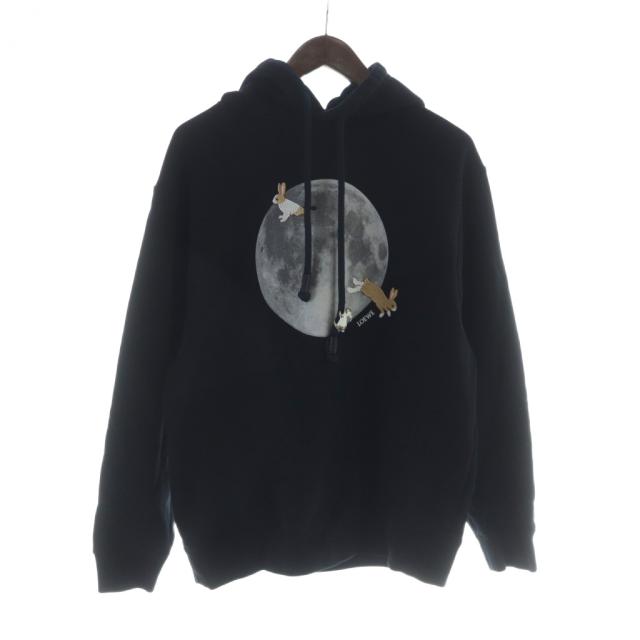 【中古】ロエベ LOEWE Relaxed fit hoodie パーカー プルオーバー フード ロゴ うさぎ 裏毛 プリント 黒 ブラック
