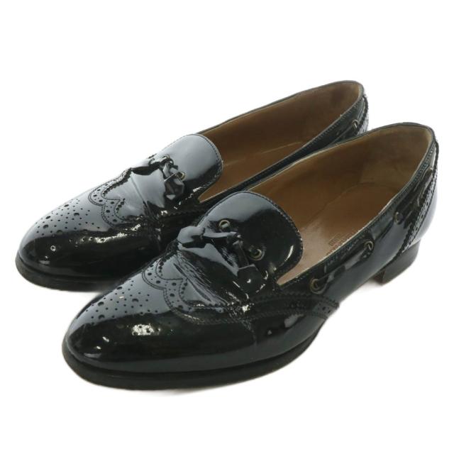 【中古】エルメス HERMES ローファー エナメル ラウンドトゥ フルブローグ 35.5 22.5cm 黒 ブラック