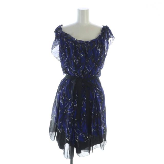 【中古】プラダ PRADA チュニック ノースリーブ ミニワンピース ロゴ フリル 総柄 絹 シルク 44 XL 青 ブルー 黒