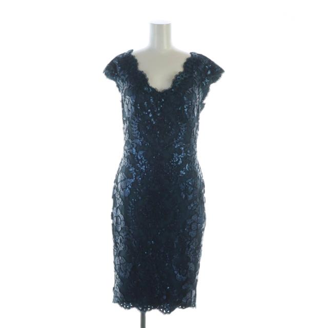 【中古】タダシショージ TADASHI SHOJI ワンピース ドレス スパンコール ミドル ロゴ 4 L 青 ブルー 紺 ネイビー
