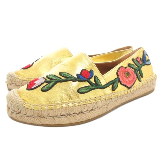 【中古】グッチ GUCCI ピラール フローラル刺繍 メタリックレザー エスパドリーユ スリッポン シューズ 花柄 35.5