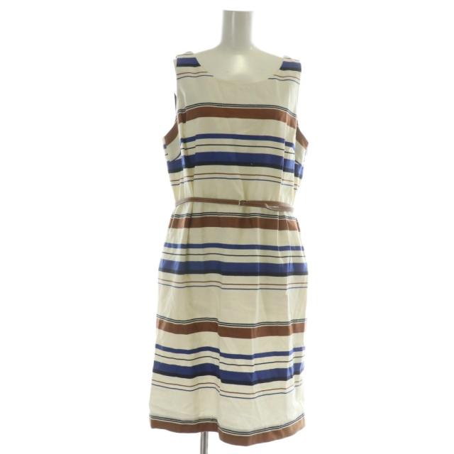 【中古】Loro Piana ワンピース 麻 リネン混 ノースリーブ ひざ丈 ボーダー 総柄 ベルト付き 44 XL 白 青 茶色