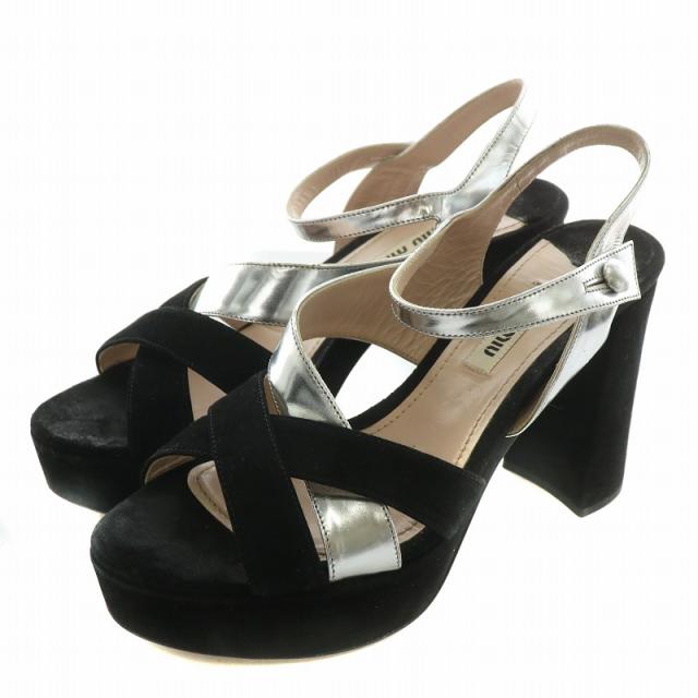 【中古】miumiu サンダル スエード レザー オープントゥ チャンキーヒール ストラップ 36 23cm 黒 シルバー色