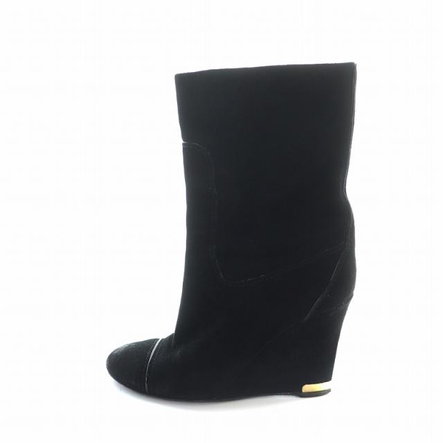 【中古】ルイヴィトン LOUIS VUITTON ショートブーツ ウェッジソール ロゴ スエード 金プレート 37.5 24.5cm 黒