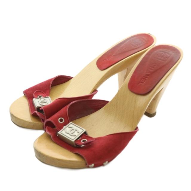 【中古】シャネル CHANEL ミュール スエード オープントゥ ウッドソール ココマーク 36 23cm 赤 レッド ベージュ