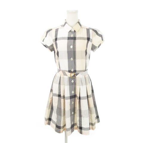 【中古】ブルーレーベルクレストブリッジ シャツワンピース ミニ 半袖 ベルト チェック 総柄 38 M ベージュ グレー