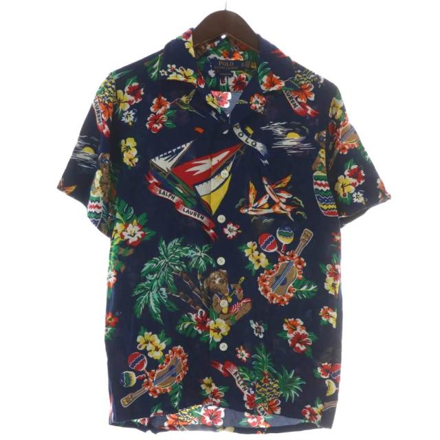 【中古】ポロ ラルフローレン POLO RALPH LAUREN CLASSIC FIT アロハシャツ オープンカラー 半袖 総柄 ロゴ XS 紺