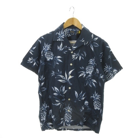 【中古】POLO RALPH LAUREN アロハシャツ オープンカラーシャツ 半袖 総柄 パイナップル ロゴ刺繍 S 紺