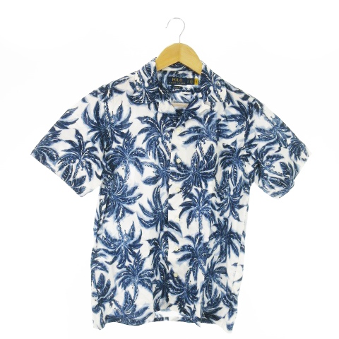 【中古】ポロ ラルフローレン POLO RALPH LAUREN アロハシャツ 開襟 オープンカラー 半袖 ヤシの木 総柄 S 紺