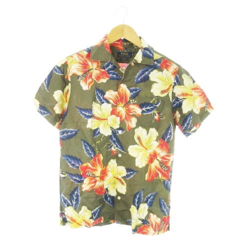 【中古】ポロ ラルフローレン POLO RALPH LAUREN アロハシャツ 開襟 オープンカラー 半袖 麻 リネン 花柄 XS 緑