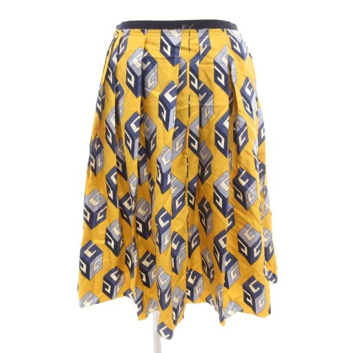 【中古】未使用品 グッチ GUCCI タグ付き プリーツスカート 絹 シルク 38 黄 イエロー キューブロゴ 総柄 473381