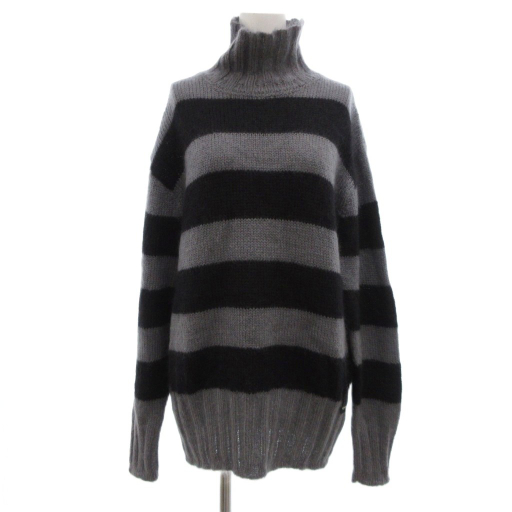 【中古】フェンディ FENDI 21AW タートルネック ニット セーター ボーダー モヘア ウール 48 グレー 黒 ブラック