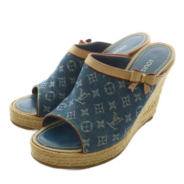 【中古】LOUIS VUITTON サンダル デニム エスパドリーユ ウェッジソール モノグラム 38 24.5cm インディゴ ベージュ
