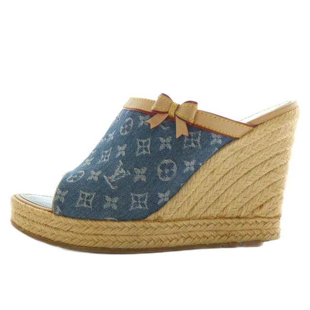 【中古】LOUIS VUITTON サンダル デニム エスパドリーユ ウェッジソール モノグラム 38 24.5cm インディゴ ベージュ