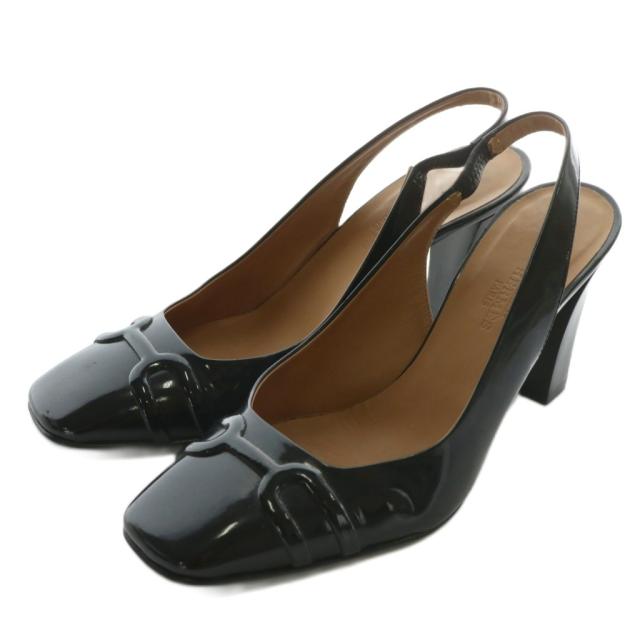 【中古】エルメス HERMES パンプス エナメル スクエアトゥ ハイヒール スリングバック 35.5 22.5cm 黒 ブラック