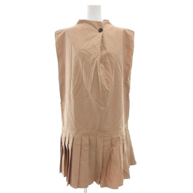 【中古】未使用品 フェラガモ FERAGAMO 23SS コットン ノースリーブ ワンピース ひざ丈 プリーツ タック 44 ベージュ
