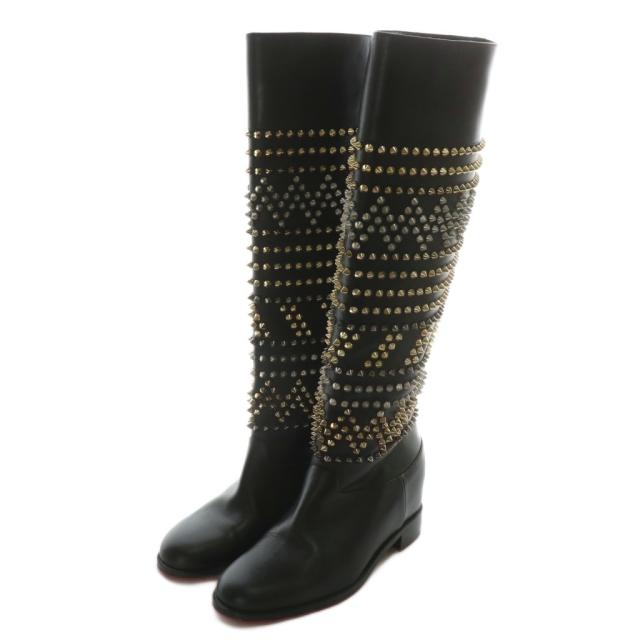 【中古】クリスチャンルブタン Christian louboutin ロングブーツ レザー ラウンドトゥ スパイク スタッズ 37 24cm 黒