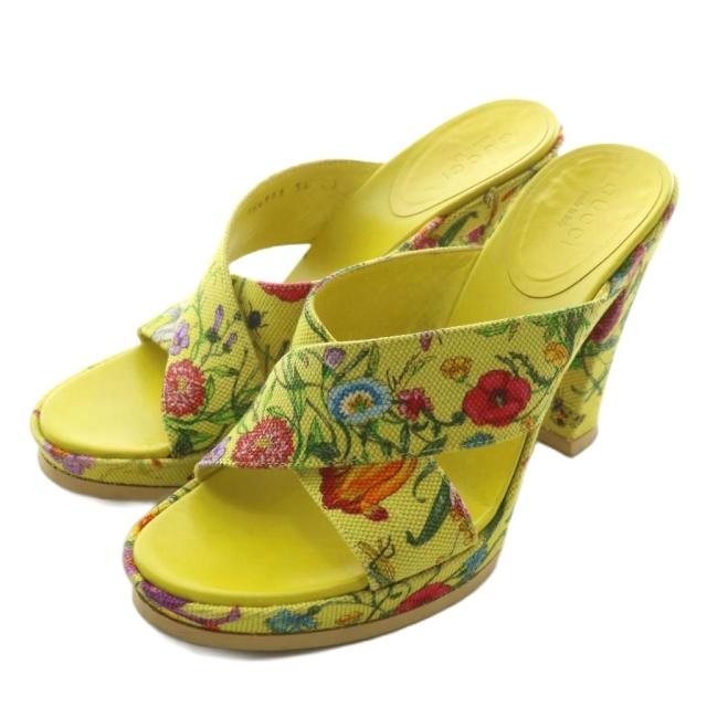 【中古】グッチ GUCCI サンダル キャンバス オープントゥ チャンキーヒール 花柄 フラワー 総柄 34 21cm マルチカラー