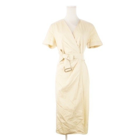 【中古】マックスマーラ MAX MARA 白タグ カシュクールワンピース ひざ丈 半袖 ラップデザイン ベルト 42 ベージュ