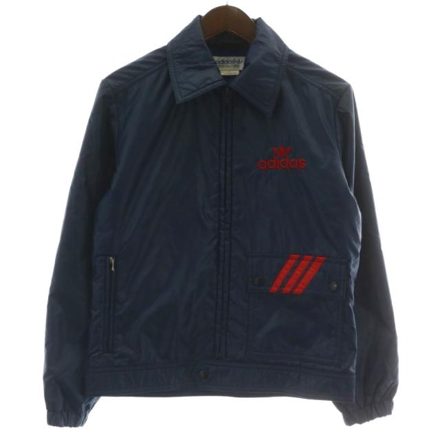 【中古】アディダス adidas 80s デサント期 ヴィンテージ 中綿 ジャケット ナイロン ジップアップ ロゴ 刺繍 S 紺