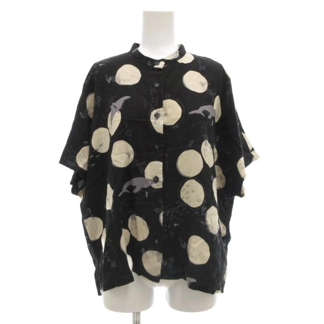 【中古】マーブルシュッド marble SUD リネンシャツ ブラウス フレンチスリーブ 黒 ブラック ベージュ 総柄