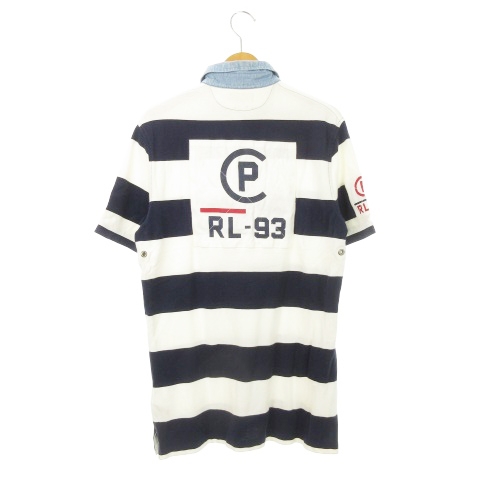 【中古】POLO RALPH LAUREN ラガーシャツ ポロシャツ 半袖 デニム襟 RL-93 US-93 鹿の子 ボーダー S 紺 ネイビー