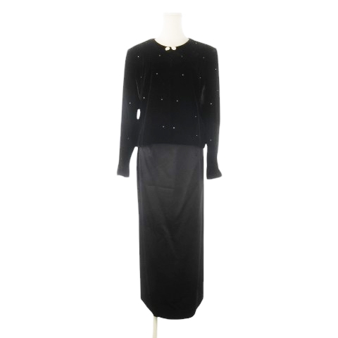 【中古】東京ソワール ソワールドルチェ セットアップ ベロアジャケット ノーカラー タイトロングスカート 15 黒