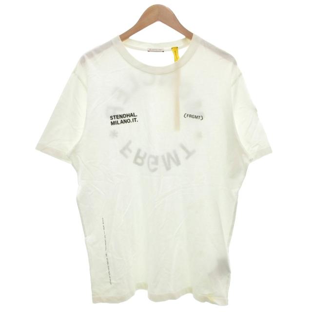 【中古】モンクレール ラバーロゴ Tシャツ カットソー 半袖 クルーネック プリント 白 ホワイト 黒 ブラック XL