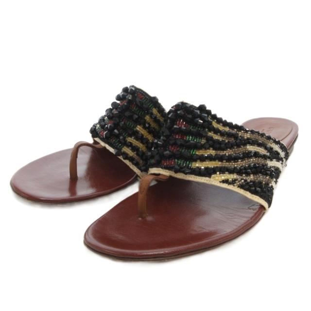 【中古】グッチ GUCCI トングサンダル シューズ ビーサン レザー ビジュー 37 茶 ブラウン 156105 /FF ■GY19