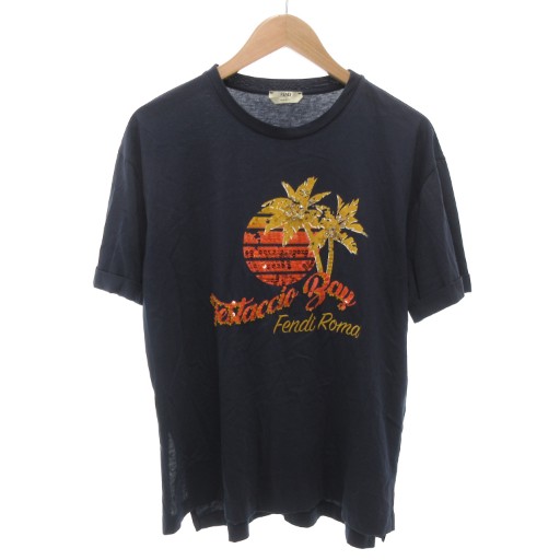 【中古】フェンディ FENDI Tシャツ カットソー スパンコール ビジュー プリント 半袖 M 紺 ネイビー FS7011A3BN /AE