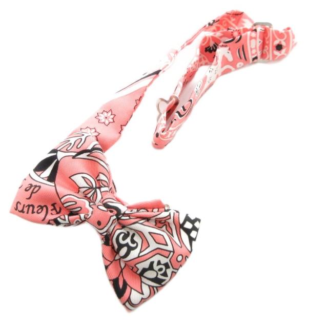 【中古】エルメス ヌー・パピヨン 花咲く織物 FLEURS ET PAPILLONS DE TISSU 蝶ネクタイ リボン 総柄 シルク ピンク