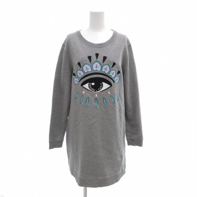 【中古】ケンゾー KENZO 美品 スウェットワンピース L クルーネック 長袖 刺繍 ビッグアイ ひざ丈 グレー