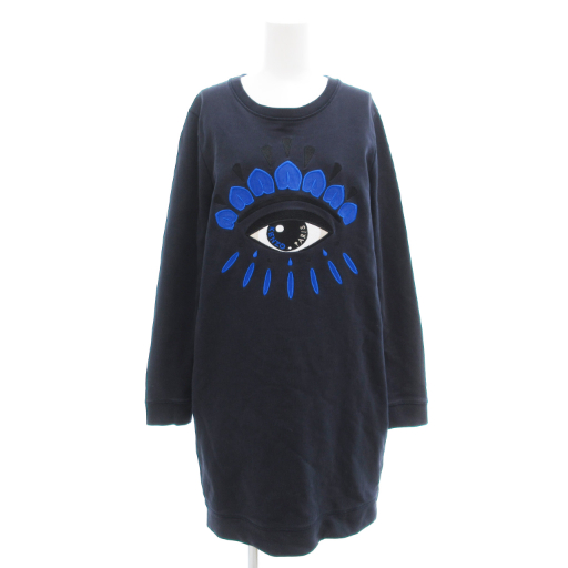 【中古】ケンゾー KENZO スウェットワンピース L クルーネック 長袖 刺繍 ビッグアイ ひざ丈 紺 ダークネイビー