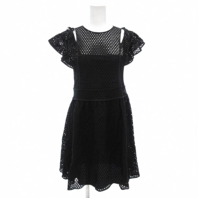 【中古】レッド ヴァレンティノ RED VALENTINO 美品 ワンピース 38 ひざ丈 レース フリル 半袖 フレア 黒 ブラック