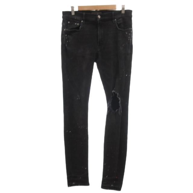 【中古】アミリ AMIRI MBBKN-ARI スキニー デニムパンツ ジーンズ ダメージ加工 スプラッターペイント 32 黒