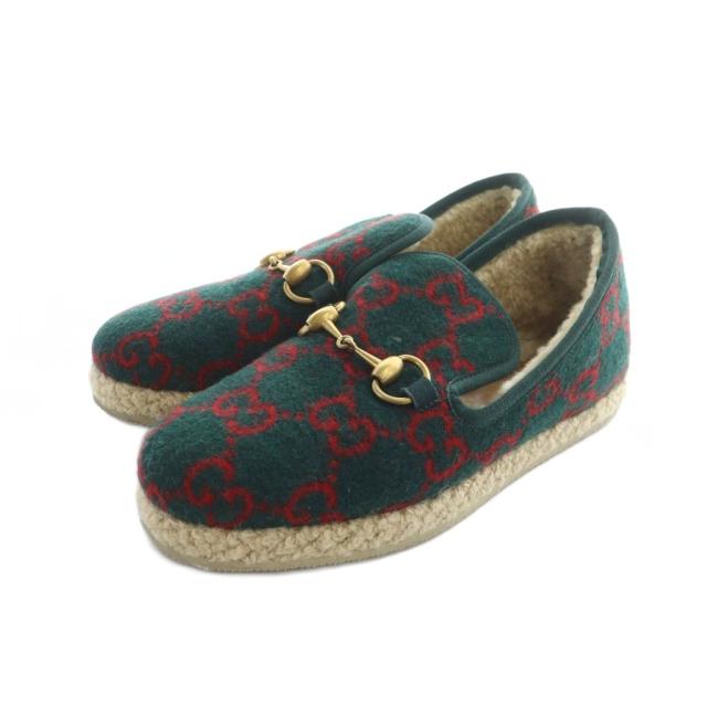 【中古】グッチ GUCCI ローファー スリッポン フラット ムートン ホースビット ロゴ 35 22.5cm 緑 グリーン ■GY01