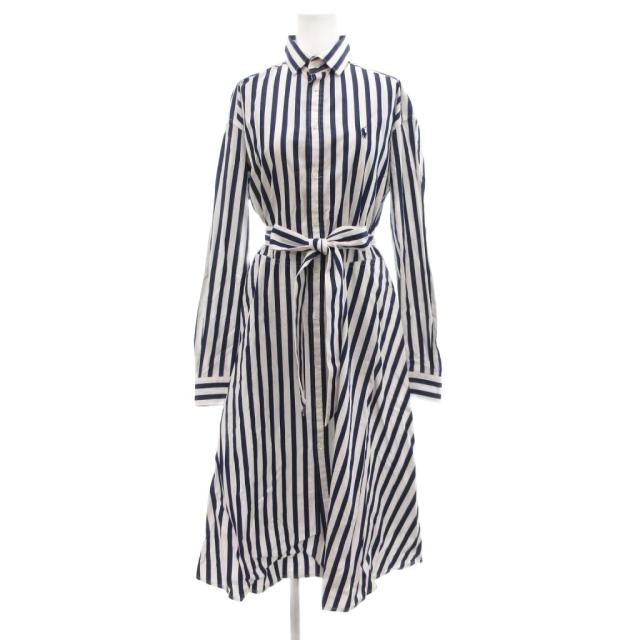 【中古】未使用品 ポロ バイ ラルフローレン タグ付き シャツワンピース ポニー刺繍 ストライプ ロゴ ひざ丈 長袖 4