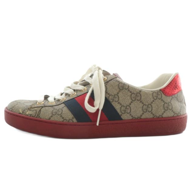 【中古】グッチ GUCCI ACE スニーカー GGスプリーム ローカット シェリーライン 総柄 ロゴ 6 25cm ベージュ 赤 429445