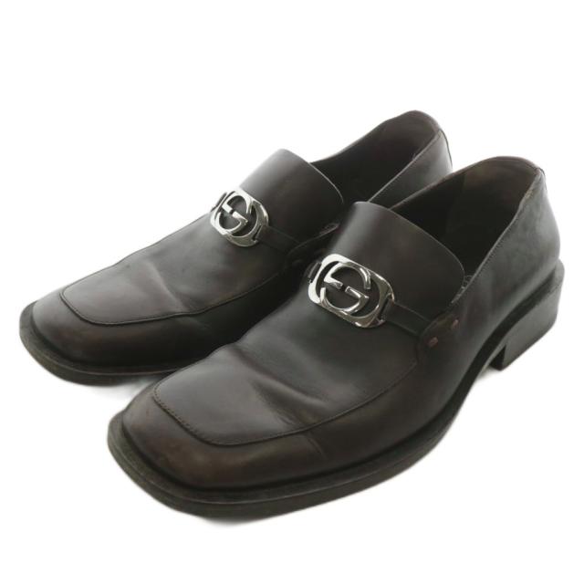 【中古】グッチ GUCCI ローファー レザー スクエアトゥ インターロッキング シルバー金具 6.5 25.5cm 茶色 ブラウン