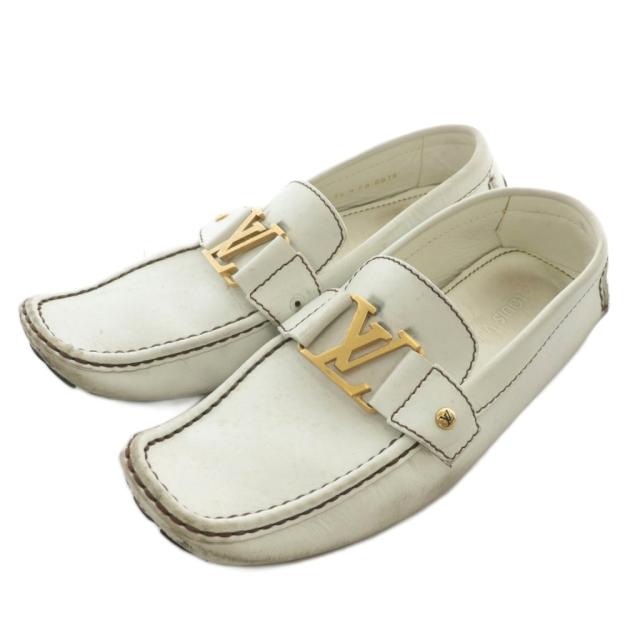【中古】LOUIS VUITTON モンテカルロ ドライビングシューズ ローファー モカシン レザー ロゴ 7.5 26.5cm 白