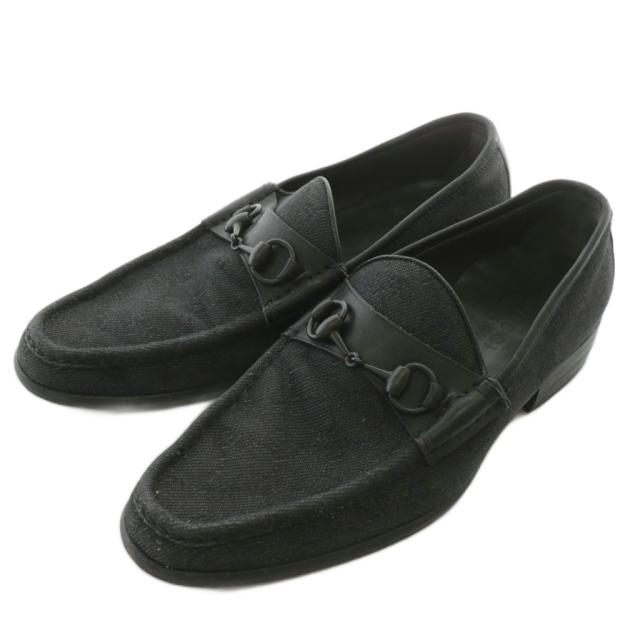 【中古】グッチ GUCCI ローファー GGキャンバス レザー ホースビット 総柄 40 25cm 黒 ブラック 102706