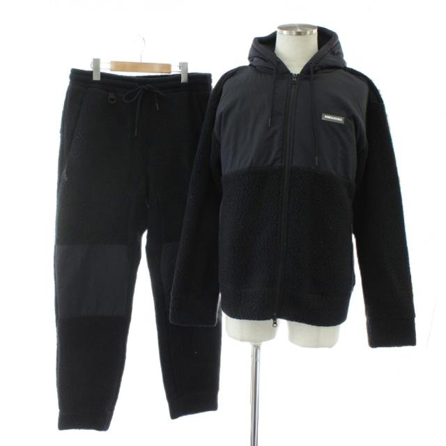 【中古】WIND AND SEA セットアップ フリースジャケット パーカー ジップアップ パンツ イージー ボア ロゴ L XL 黒