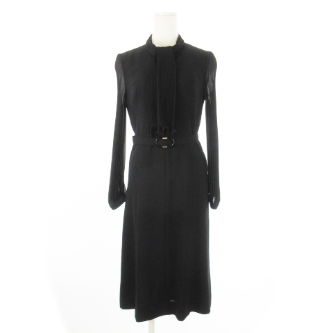 【中古】東京ソワール ソワールペルル SOIR PERLE ワンピース ロング ボウタイ 長袖 切替 プリーツ ベルト付き 7 黒